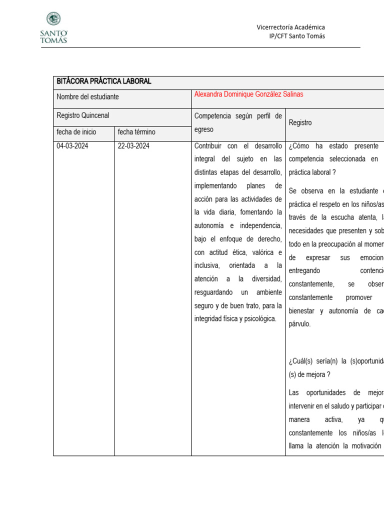 Bitácoras Practica Laboral Alexandra Gonzalez | PDF | Educación de la ...