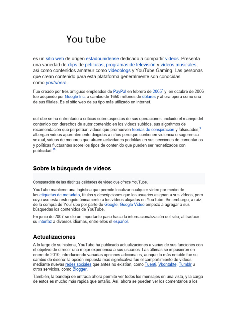 Historia y Funciones de YouTube | PDF | Youtube | Blog