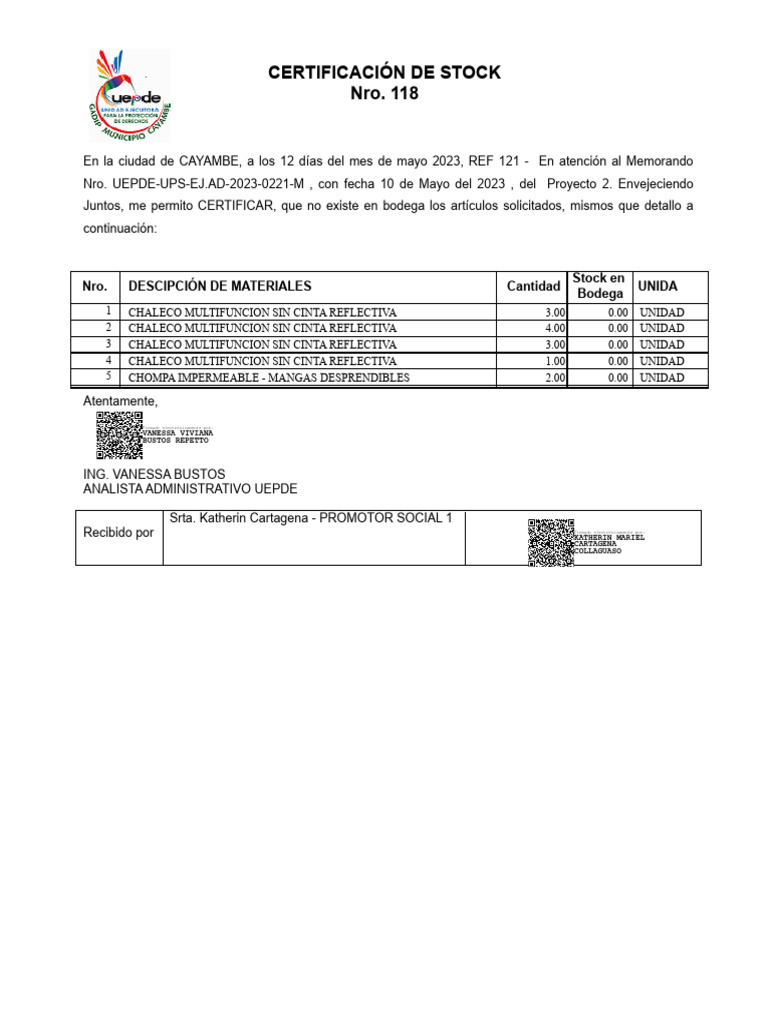 2.2 Certificacion Del Stock de Bodega | PDF