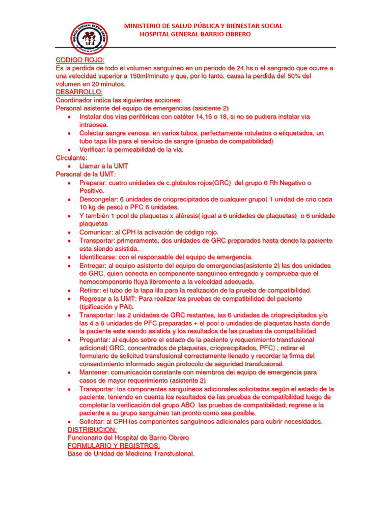 Protocolo Código Rojo en Emergencias Médicas | PDF | Sangre | Medicina