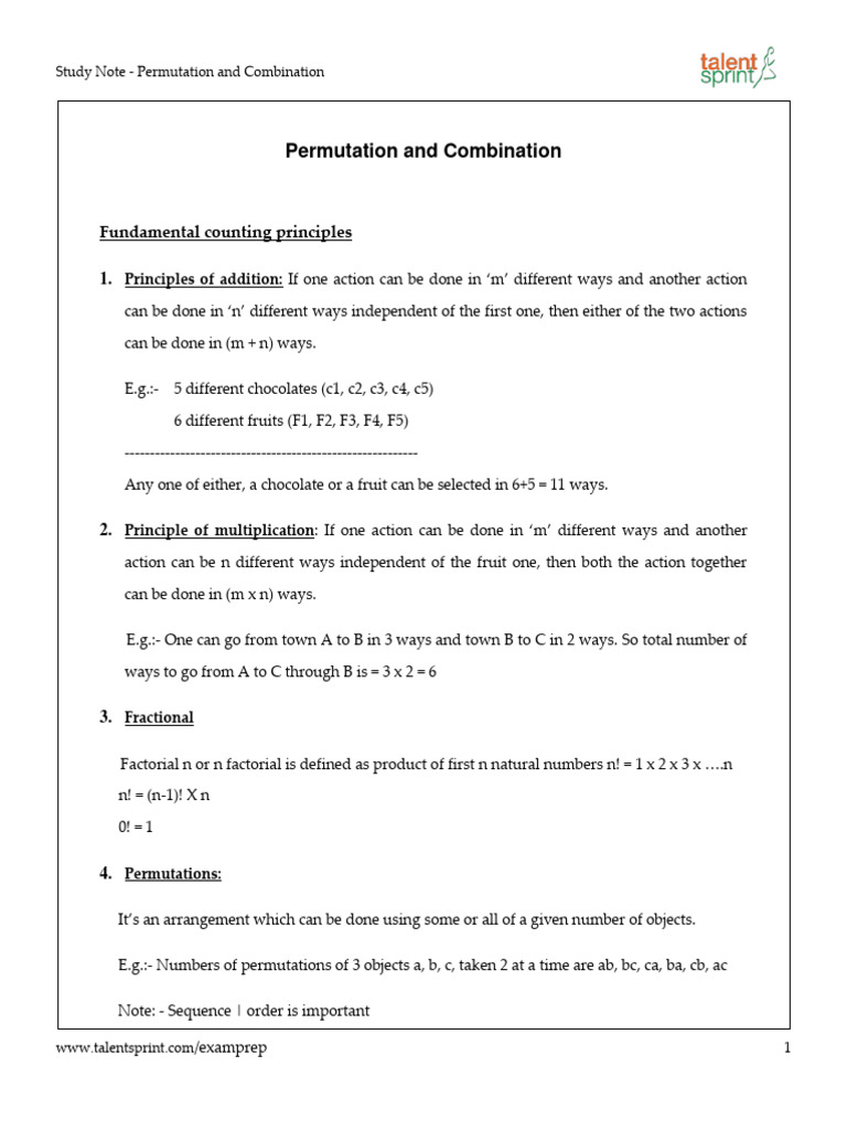 Permutation and Combination Study Guide | PDF | Permutation | Mathematics