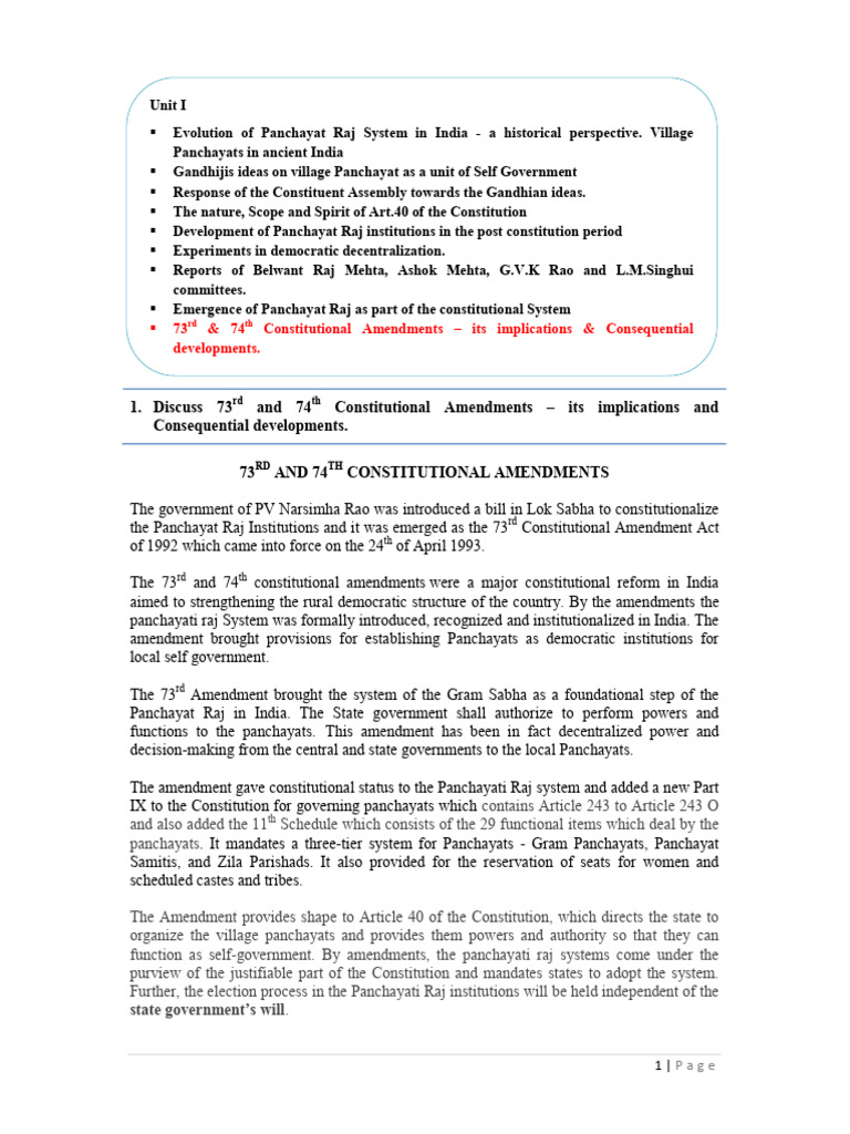 73rd and 74th Constitutional Amendments - Its Implications and ...