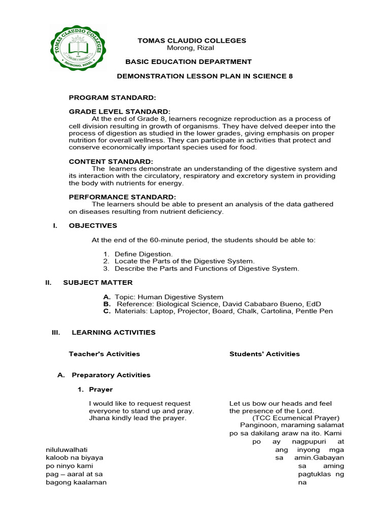 Digestive System Lesson Plan | PDF | Digestion | Human Digestive System