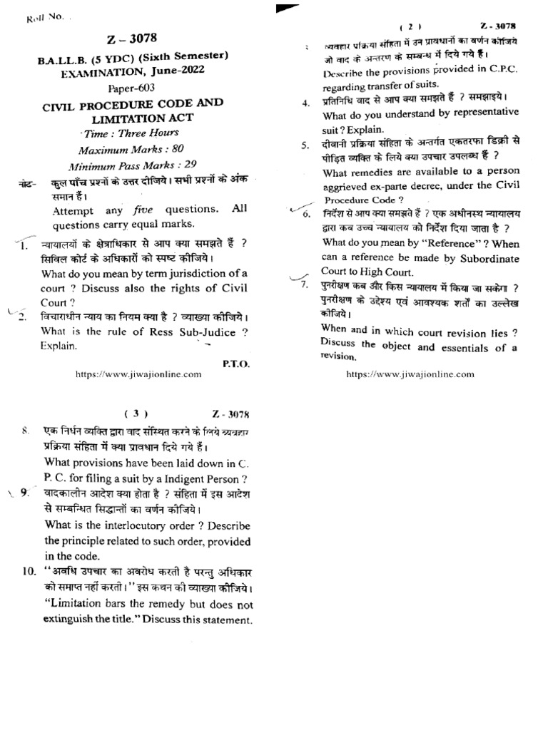 Ballb 6 Sem Civil Procedure Code and Limitation Act Z 3078 Jun 2022 | PDF