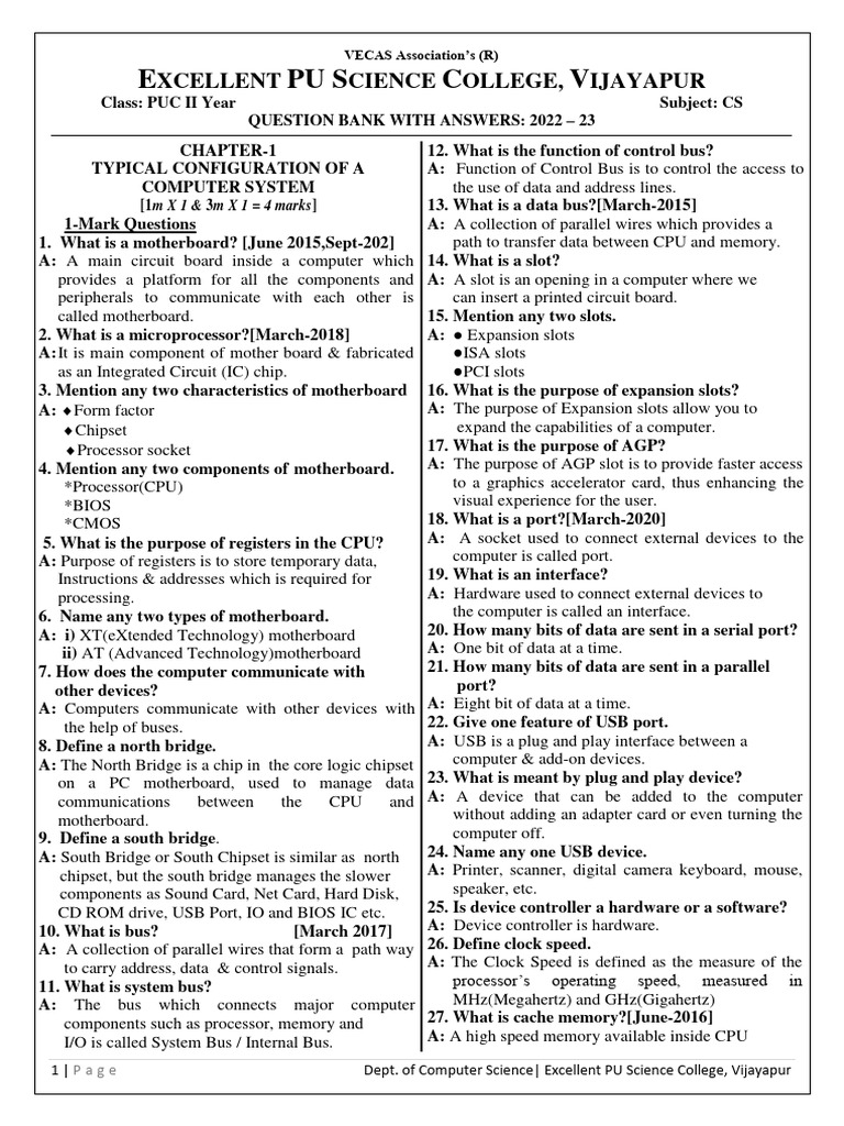 CS - PUC-II - All Chapter'S - Question Bank Final | PDF | Random Access ...