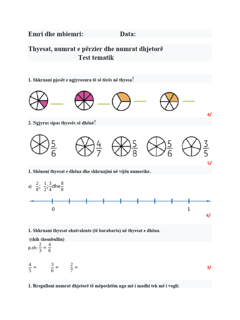 Test Tematik Thyesat, Numrat e Përzier Dhe Numrat Dhjetorë | PDF