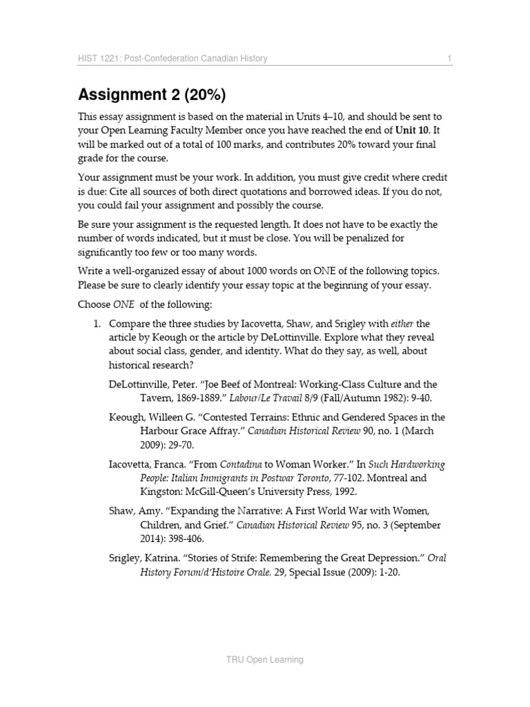 Hist1221 Assignment 2 PDF | PDF | Canada | Liberal Arts Education
