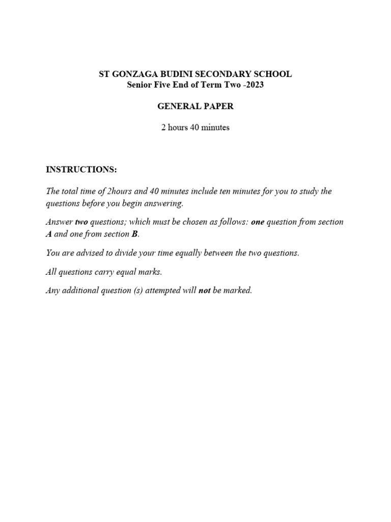 S.5 GP End of Term 2 2023 ST Gonzaga Budini Secondary School | PDF ...