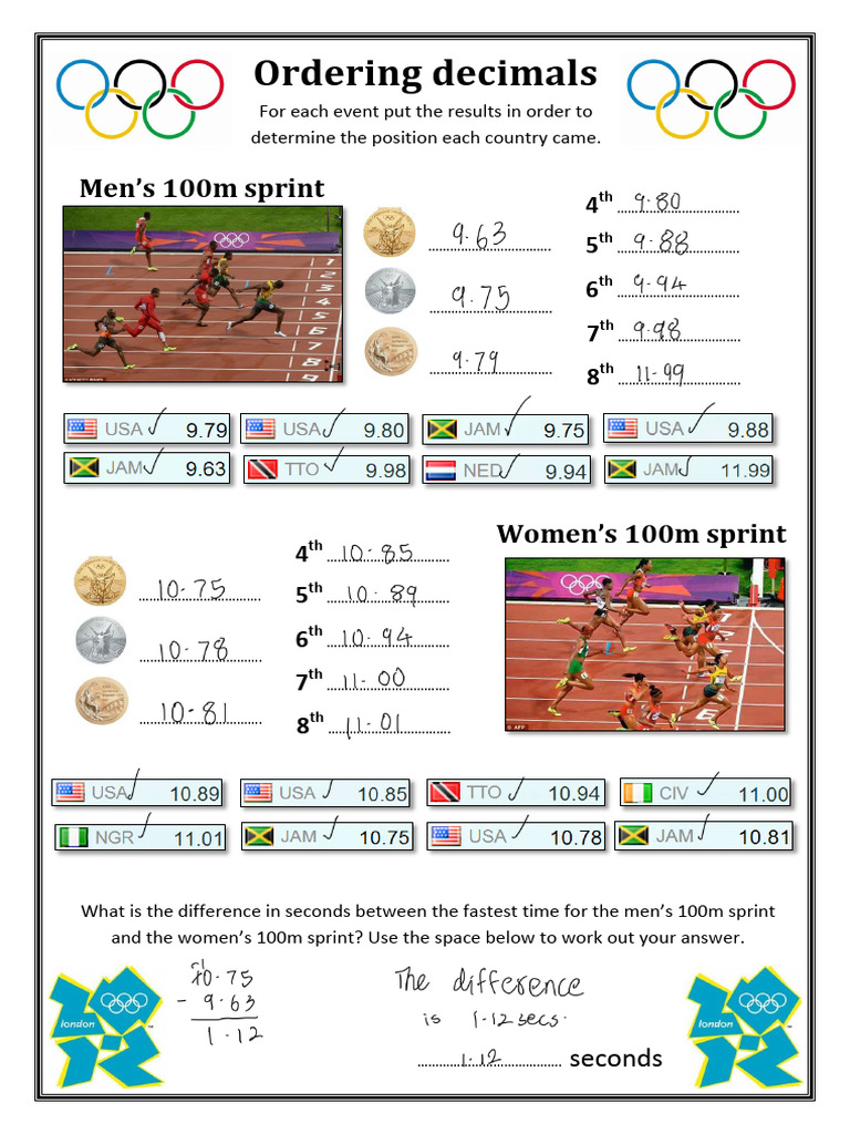 Olympic Ordering Decimals-Gr7 | PDF | Sports | Sport Of Athletics
