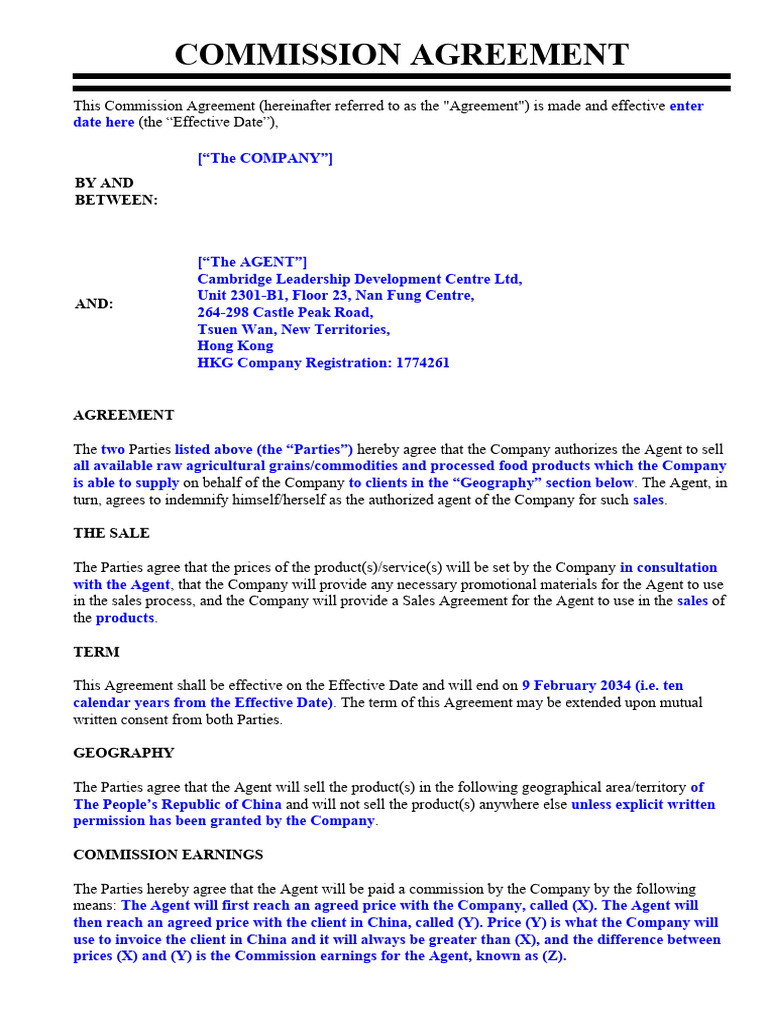 Commission Agreement for Sales Agent | PDF | Breach Of Contract | Private Law