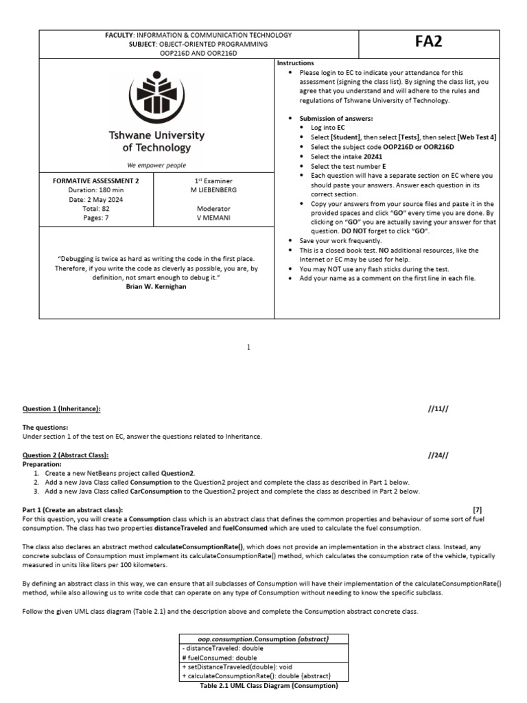 OOP216D - OOR216D FA2 2024S1 Final | PDF | Method (Computer Programming) | Class (Computer ...