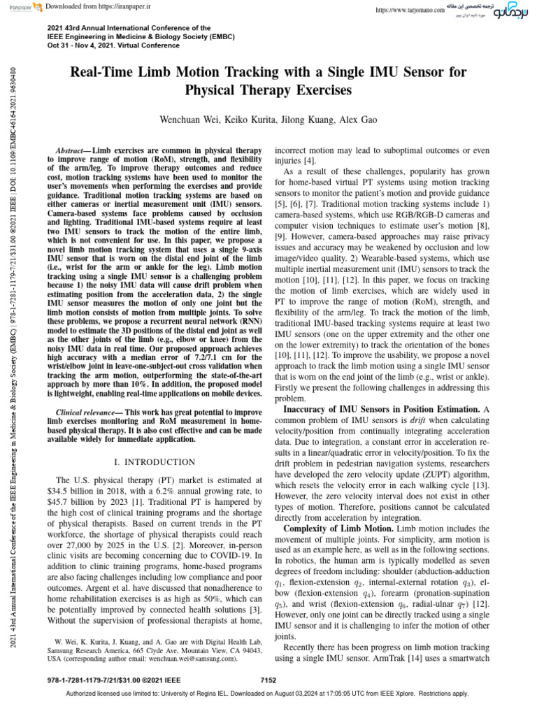 Real-Time Limb Motion Tracking With A Single IMU Sensor For Physical Therapy Exercises | PDF