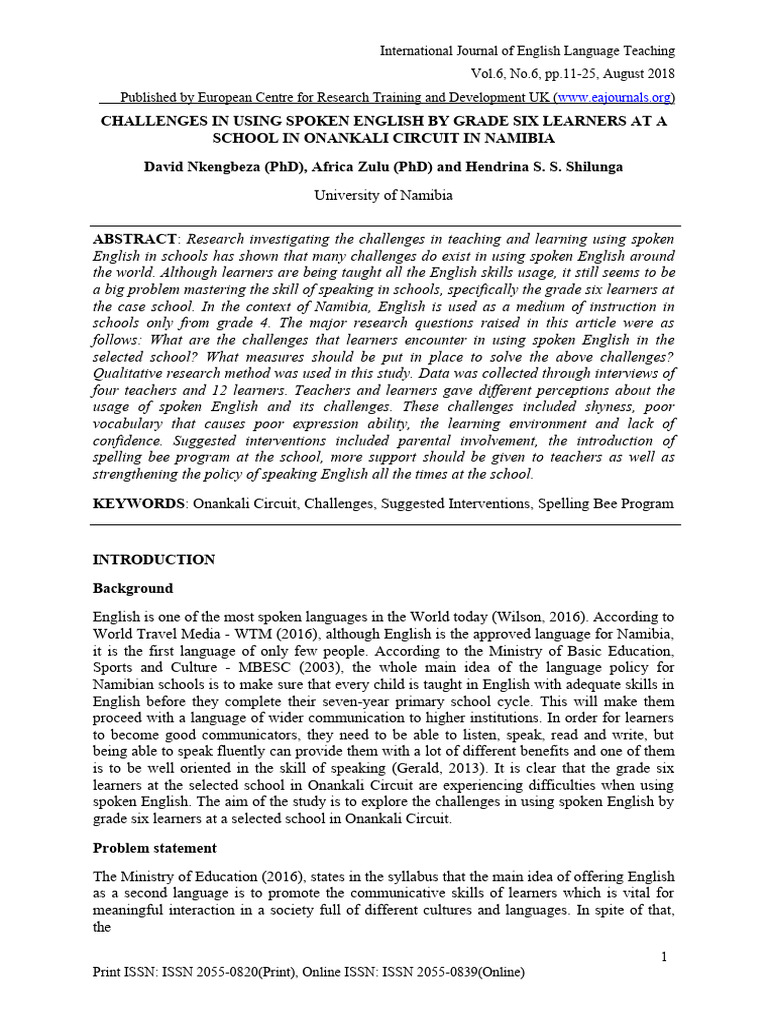 Challenges in Using Spoken English by Grade Six Learners at A School in ...