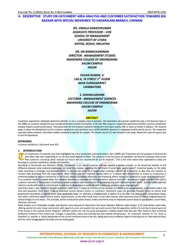 A Descriptive Study On Catchment Area Analysis and Customer Satisfaction Towards Big Bazaar With ...