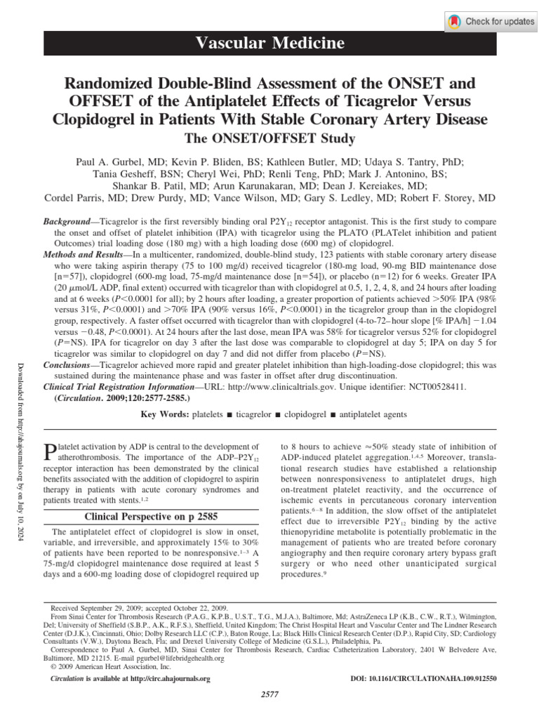 Gurbel Et Al 2009 Randomized Double Blind Assessment of The Onset and ...
