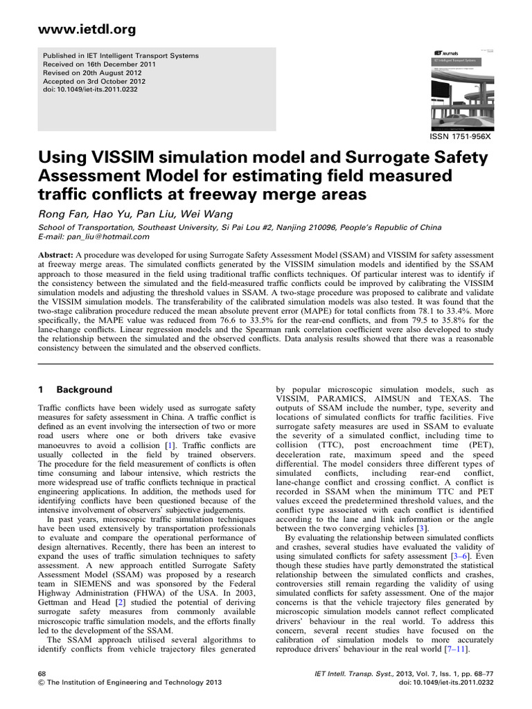 Iet Intelligent Trans Sys 2013 Fan Using Vissim Simulation Model Pdf