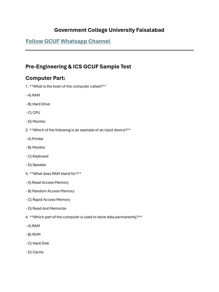 Pre-Engineering & ICS GCUF Sample Test | PDF | Random Access Memory | Acid
