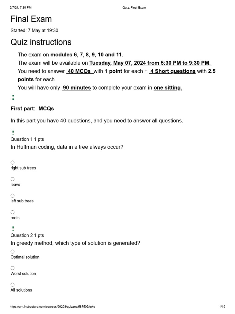 Quiz - Final Exambhargav | PDF | Time Complexity | Computational Complexity Theory