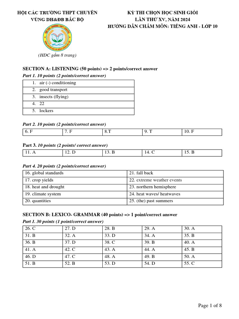 (HDC G M 8 Trang) : Part 1. 10 Points (2 Points/correct Answer) | PDF | Dormitory | Climate