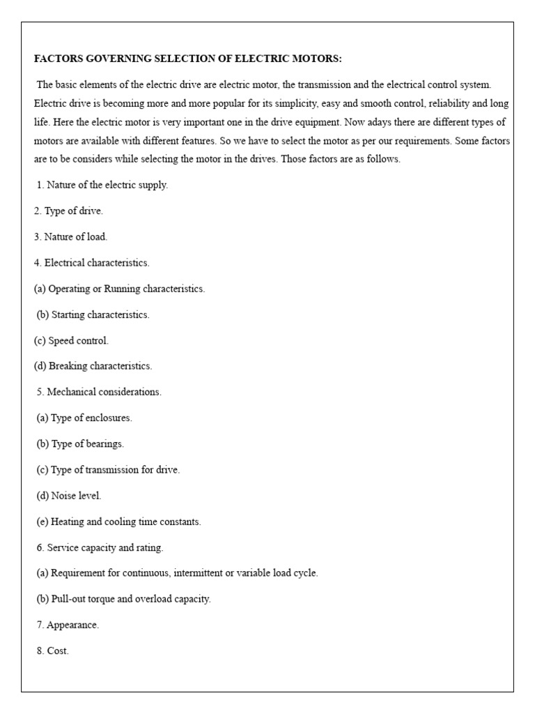 Factors for Electric Motor Selection | PDF | Electric Motor ...