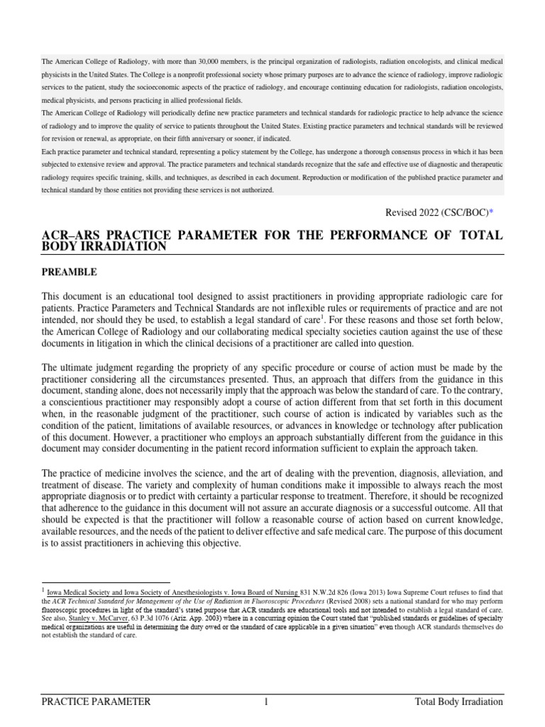 Acr-Ars Practice Parameter For The Performance of Total Body Irradiation | PDF | Hematopoietic ...