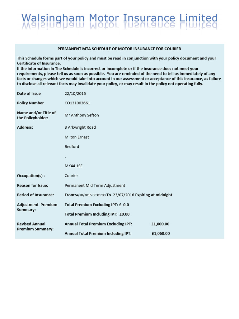 Permanent MTA Motor Insurance Schedule | PDF | Insurance | Vehicle ...