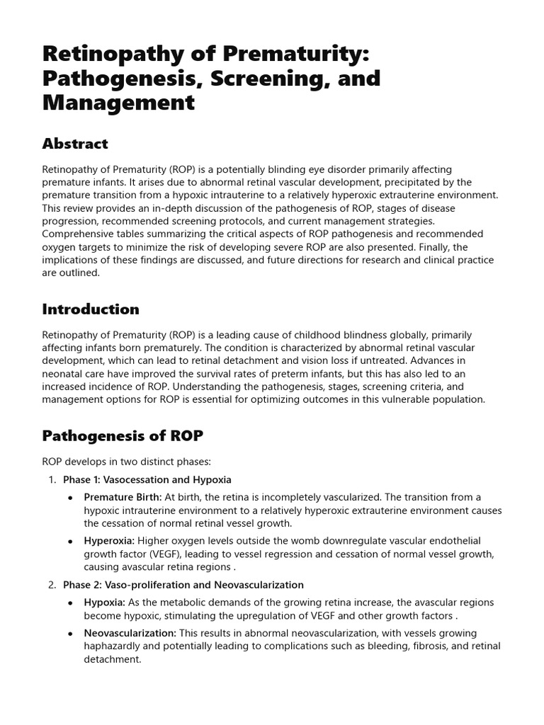 Retinopathy of Prematurity - Pathogenesis, Screening and Management ...