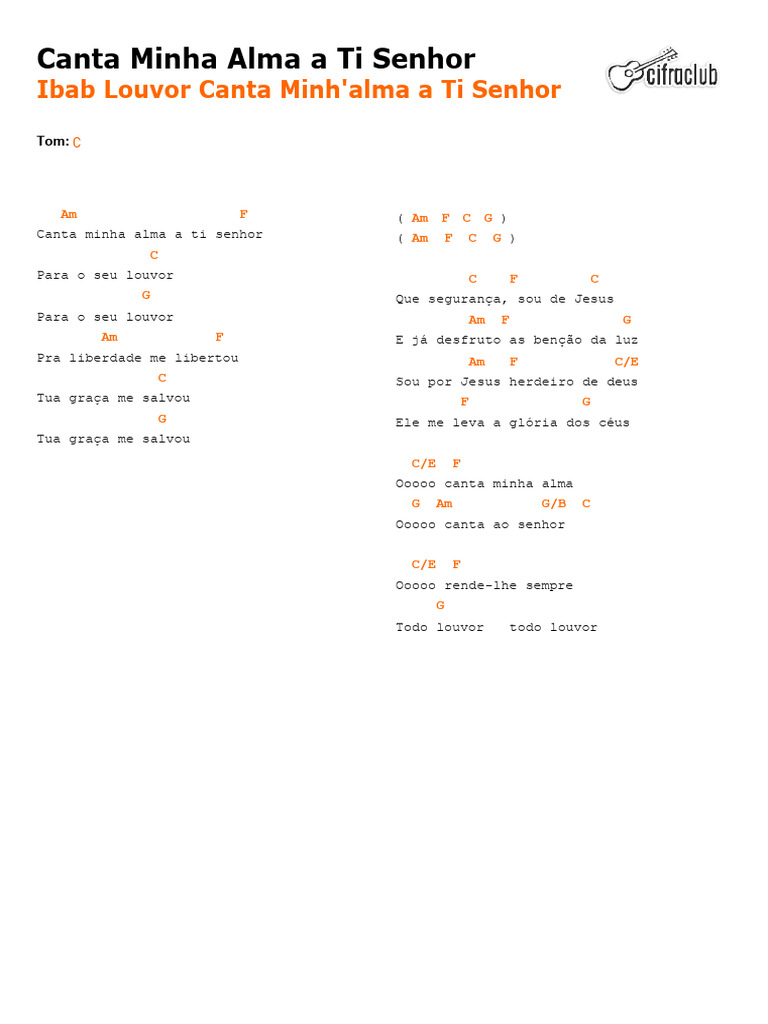 Cifra Club - Ibab Louvor Canta Minh'alma A Ti Senhor - Canta Minha Alma ...