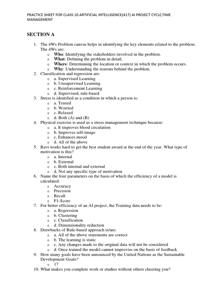 Class 10 Artificial Intelligence Practice Sheet AI Project Cycle and Time Management | PDF ...