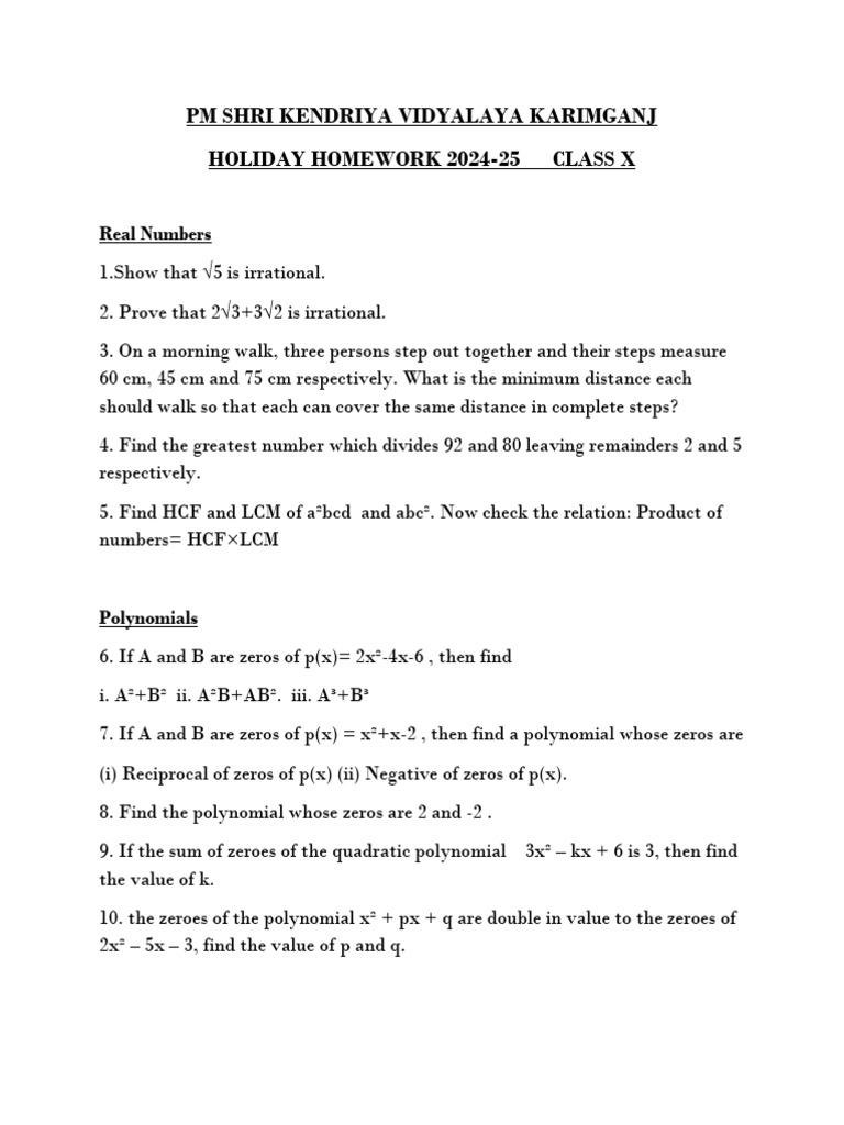 Class 10 Holiday Homework | PDF | Equations | Polynomial