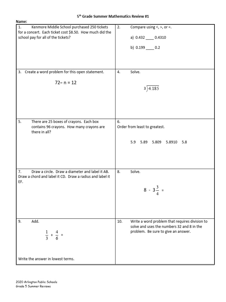 5th Grade Summer Math Reviews 2020 | PDF | Geometry | Euclidean Geometry