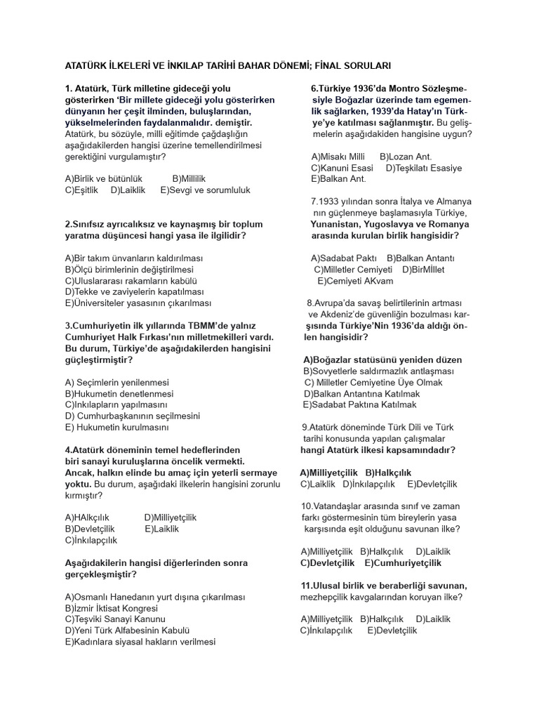 Atatürk Ilkerleri Tarihi Bahar - Final | PDF