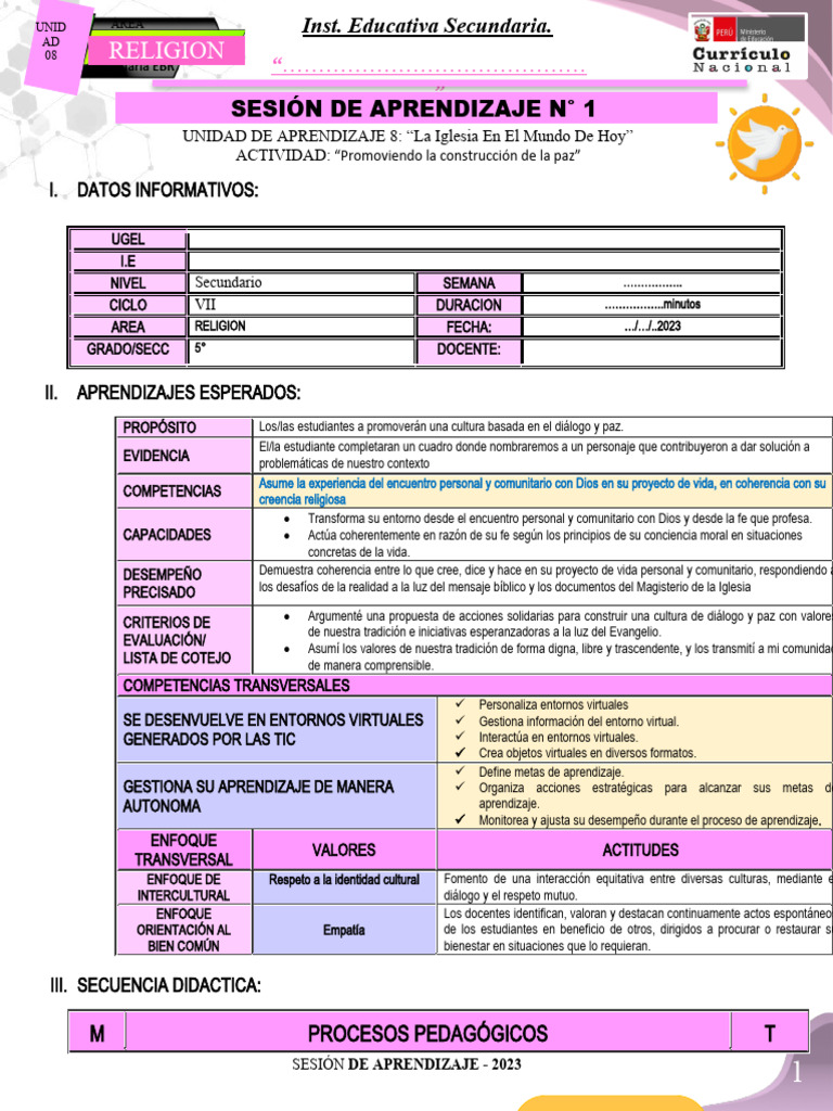 Sesion Religion 5° Sec-Semana 01 Uni 8 | PDF | Aprendizaje