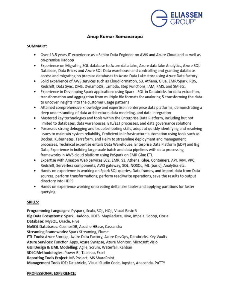 Eliassen Resume - Anup Somavarapu | PDF | Apache Spark | Amazon Web Services