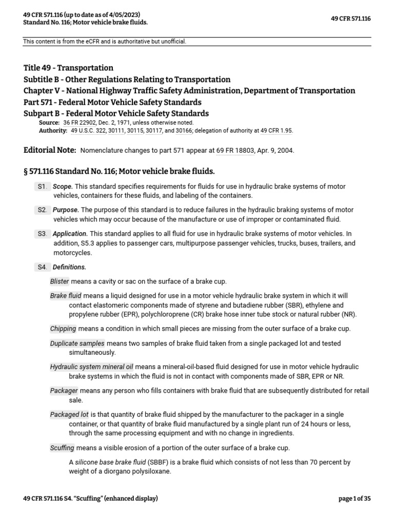 FMVSS No. 116: Brake Fluid Standards | PDF | Ph