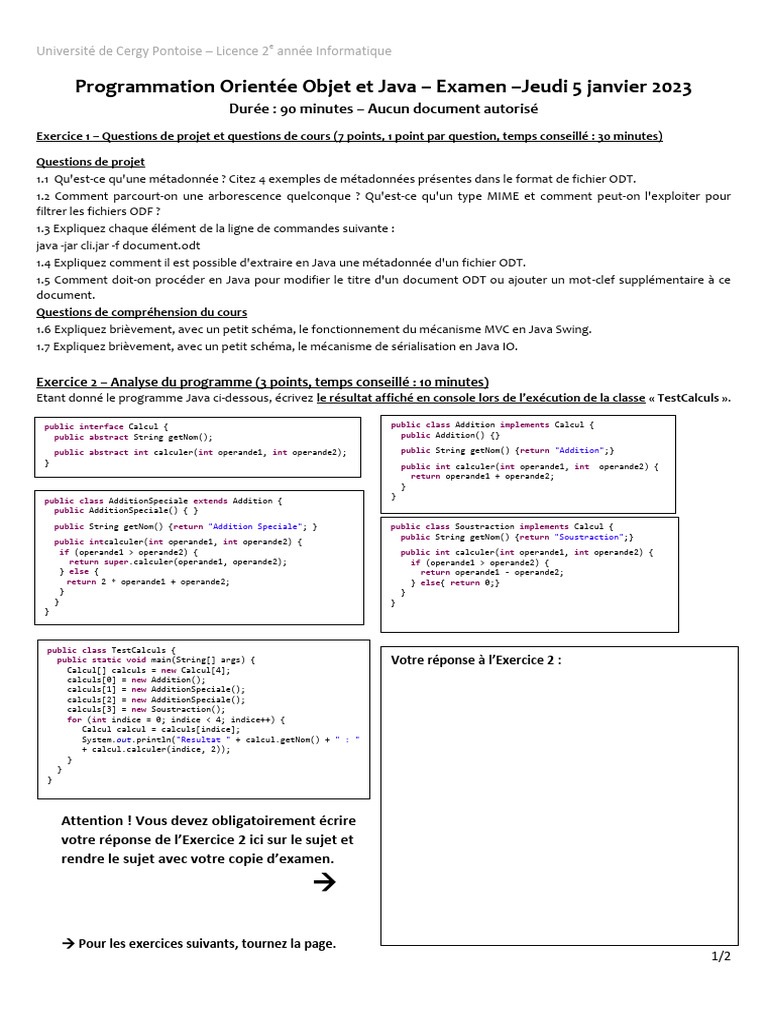 2023 01 05 L2 - I POO Poo Examen Janvier 2023 | PDF | Java (Langage de programmation) | Informatique