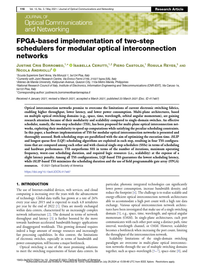 FPGA-based Implementation of Two-Step Schedulers For Modular Optical Interconnection Networks ...