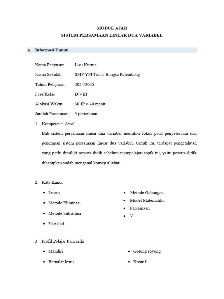 Modul Ajar SPLDV | PDF | Karier & Perkembangan