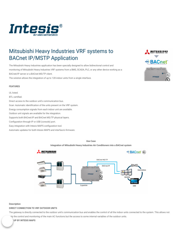 Mitsubishi Heavy Industries VRF Systems To BACnet IP - MSTP Application ...