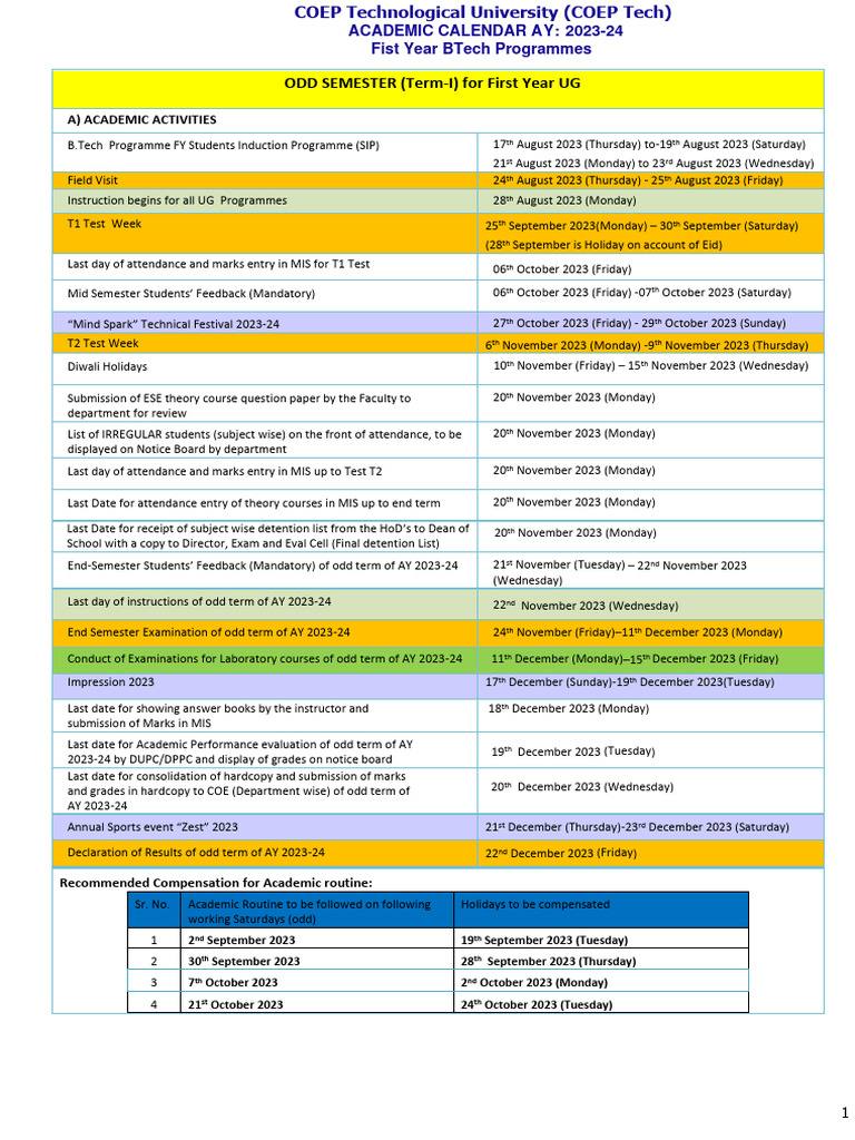 Academic Calender 2023-24-FY UG | PDF | Academic Term | Educational Institutions