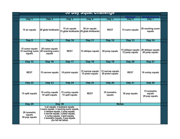 30 Day Squat Challenge Printable Calendar | PDF