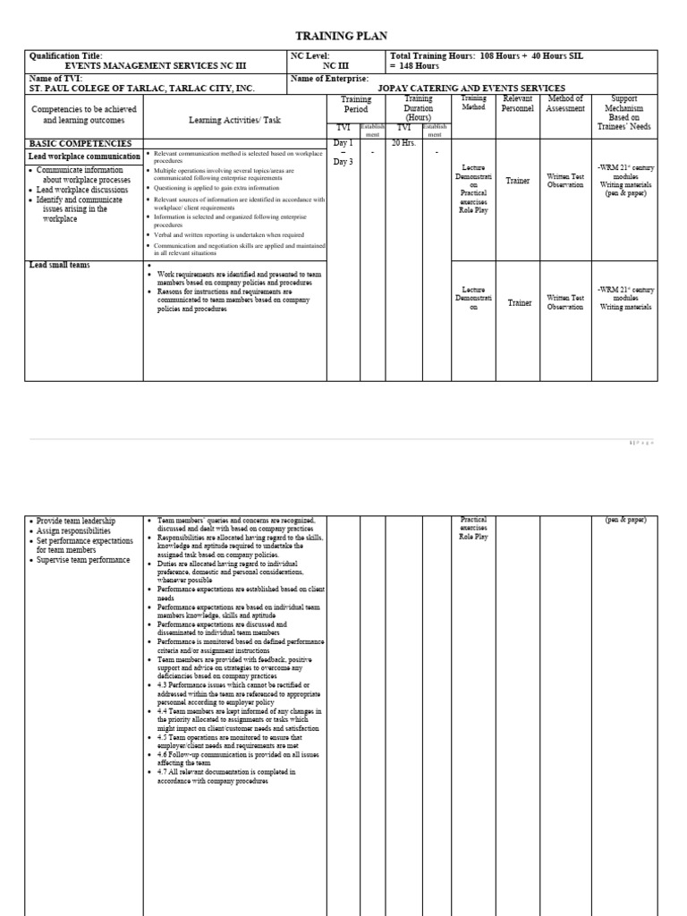 SIL Training Plan EMS NC III | PDF | Information | Occupational Safety And Health