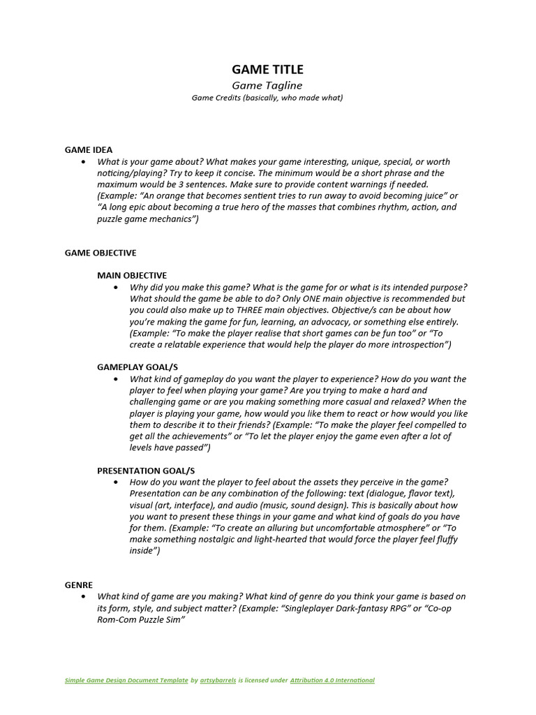 Simple Game Design Document Template by Artsybarrels | PDF