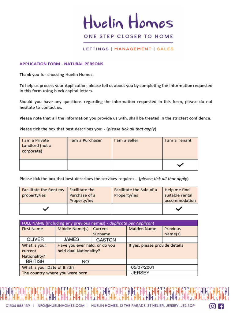 Completed Huelin Homes - Application Form - Natural Persons | PDF ...