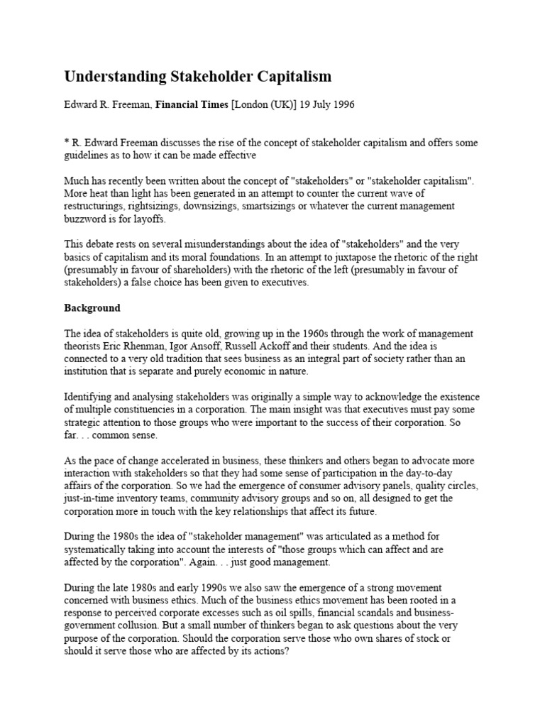 Understanding Stakeholder Capitalism., Edward R. Freeman, 1996 | PDF ...