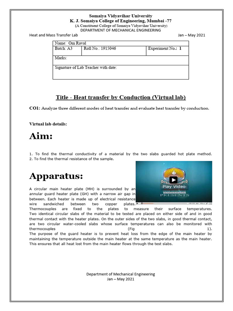 HMT - Exp 1 - Vlab - Conduction | PDF | Thermal Conduction | Heat Transfer