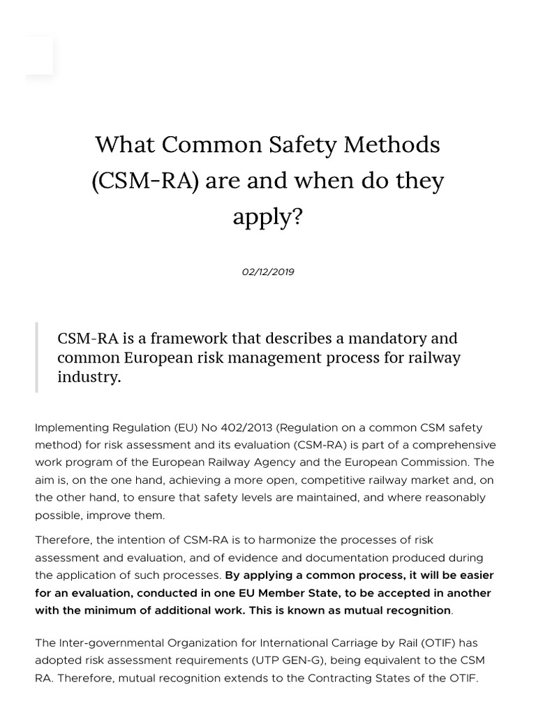 What Common Safety Methods (CSMs-RA) Are and When Do They Apply | PDF | Risk | Safety