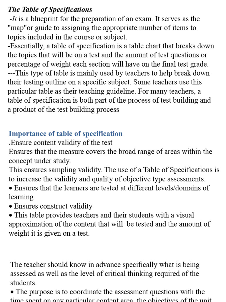 Table of Specification | PDF | Educational Assessment | Teachers