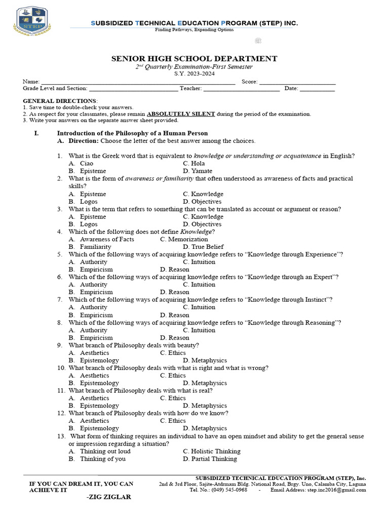 Senior High School Quarterly Exam 2023 | PDF | Knowledge | Reason