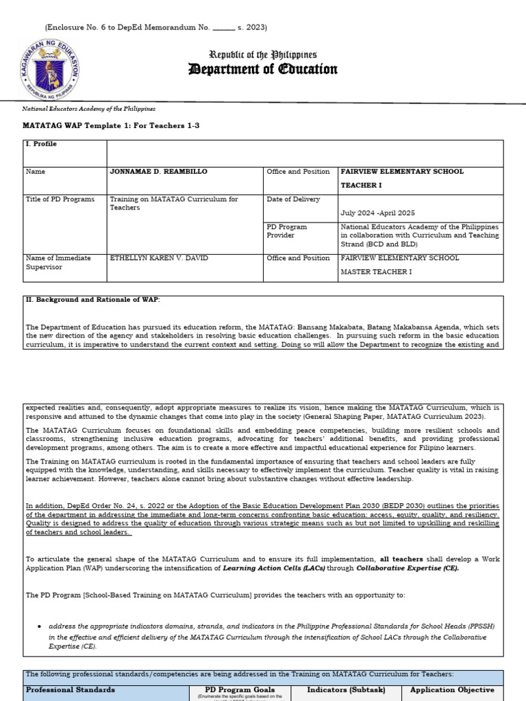 Wap Template For Teachers-Reambillo | PDF | Curriculum | Teachers